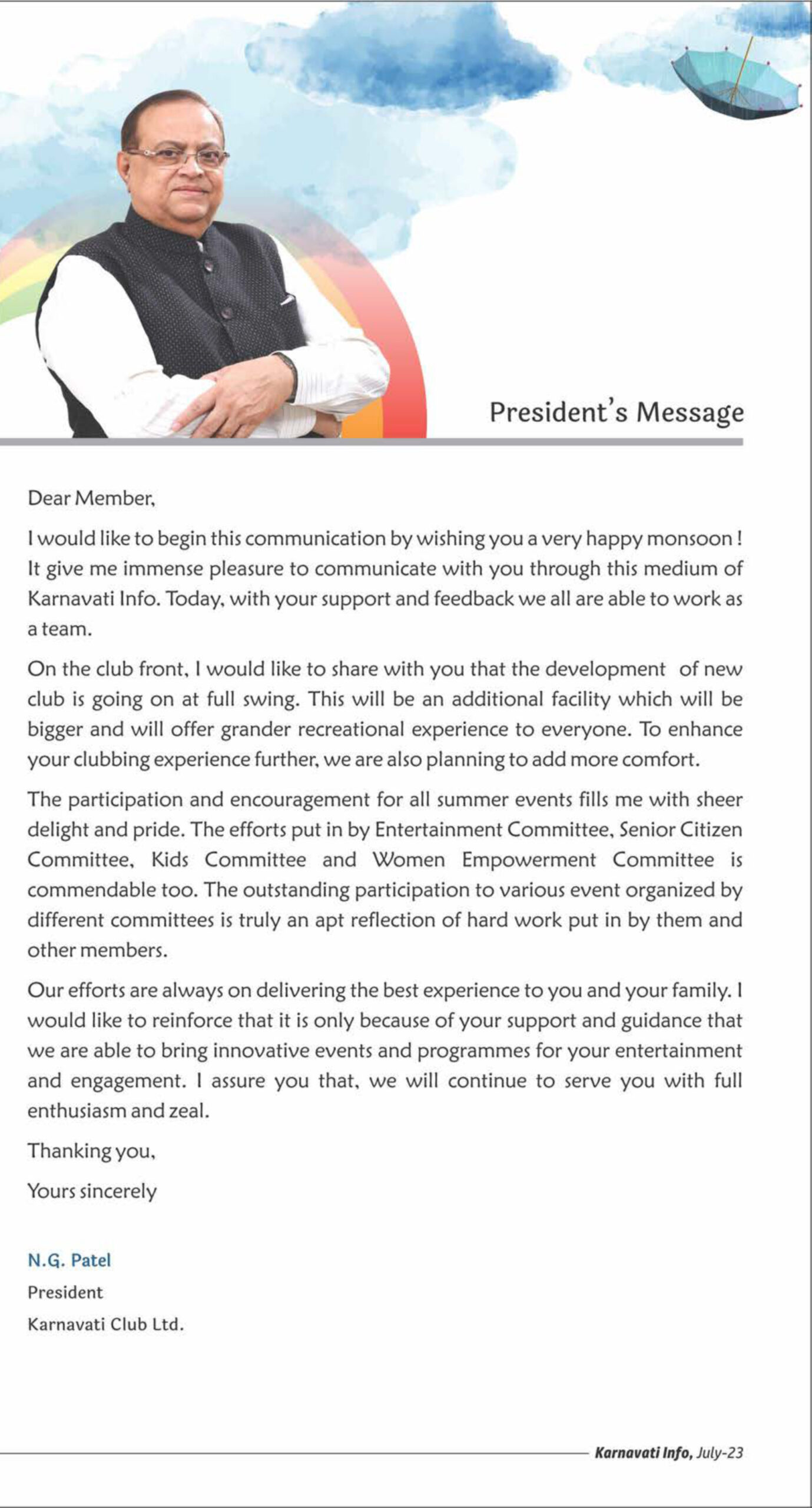 President’s Message – Karnavati Club
